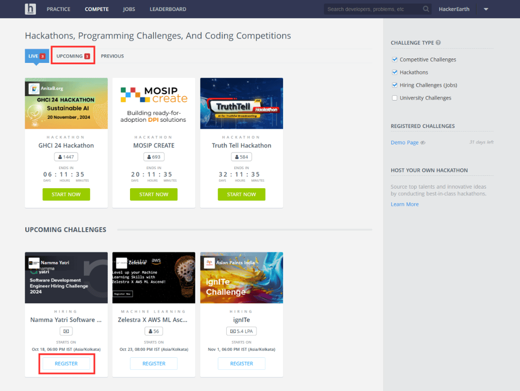 Registering for a hackathon