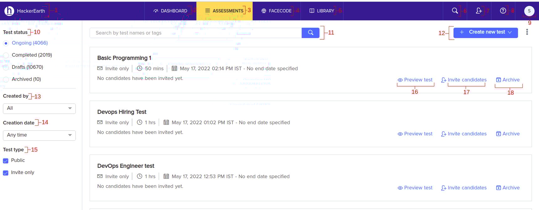 Assessments dashboard